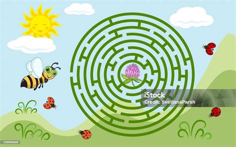 꿀벌과 클로버 꽃어린이를위한 미로 게임 이 둥근 미로를 통해 꽃에 방법을 찾을 수 있습니다 미로찾기에 대한 스톡 벡터 아트 및 기타 이미지 Istock