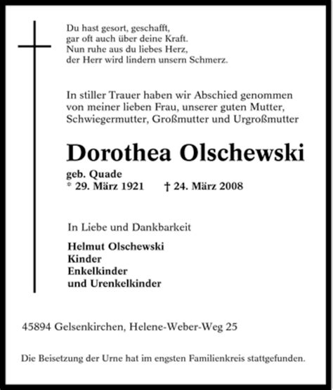 Traueranzeigen Von Dorothea Olschewski Trauer In Nrwde
