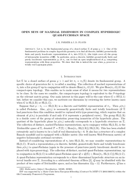 Pdf Open Sets Of Maximal Dimension In Complex Hyperbolic Quasi Fuchsian Space