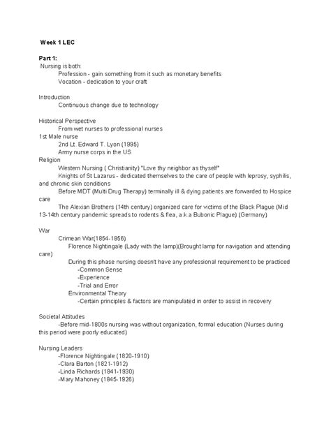 Notes Week 1 Lec And Rle Week 1 Lec Part 1 Nursing Is Both Profession Gain Something From It