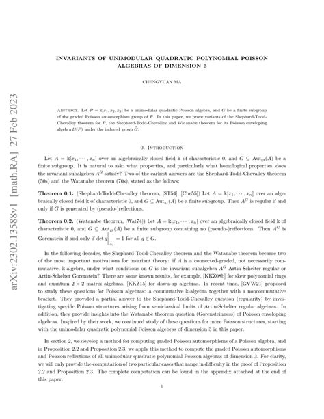 Pdf Invariants Of Unimodular Quadratic Polynomial Poisson Algebras Of Dimension 3