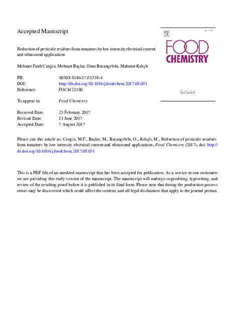 Pdf Reduction Of Pesticide Residues From Tomatoes By Low Intensity Electrical Current And