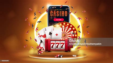 온라인 카지노 스마트 폰 카지노 슬롯 머신 카지노 룰렛 카드 놀이 배경에 노란색 네온 반지와 금 연단에 포커 칩 3d 현실적인 벡터 일러스트와 배너 도박에 대한 스톡 벡터