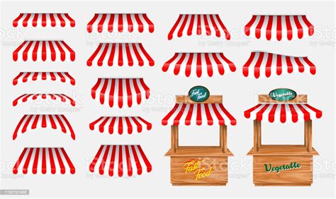 고립 된 빨간색과 흰색 줄무늬 차양과 나무 시장 스탠드 실속과 다양 한 키오스크와 Awing의 집합입니다 전통 페스티벌에 대한 스톡 벡터 아트 및 기타 이미지 Istock