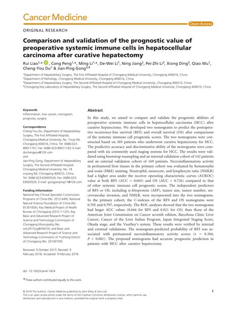 Pdf Comparison And Validation Of The Prognostic Value Of Preoperative Systemic Immune Cells In