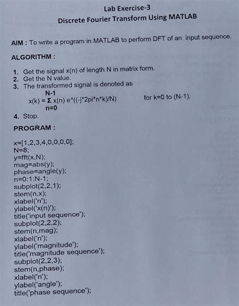 Solved Question Lab Exercise 3 Discrete Fourier Transform Using