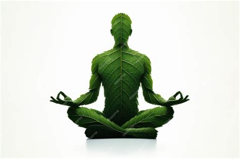 мужской силуэт сделанный из листьев медитирующий сидящий в позе лотоса изолированный на
