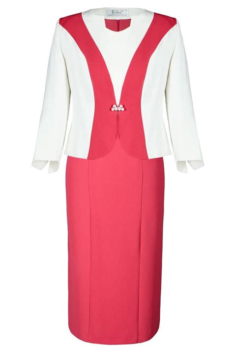 Дамски костюм рокля с къс ръкав и сако в малинено червено и екрю