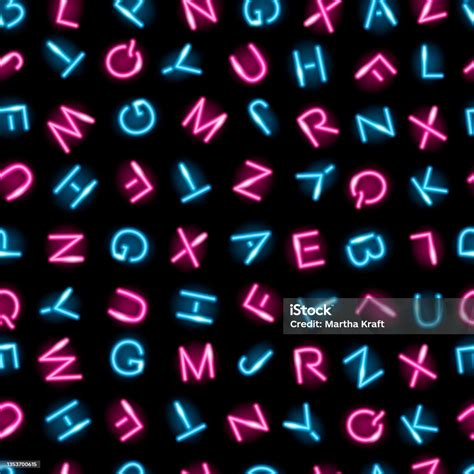 네온 문자 검은 배경에 파란색과 분홍색 알파벳 기호와 매끄러운 패턴 텍스트 학교 벽지 포장 인쇄에 대한 간판 개념 벡터 10 Eps 그림 0명에 대한 스톡 벡터 아트 및