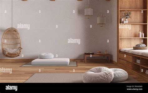 Minimal Meditation Room In White And Beige Tones Pillows Tatami Mats And Hanging Armchair