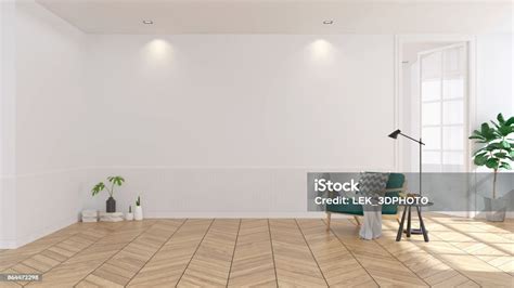 현대 스 칸디 나 비아 스타일 거실 인테리어 컨셉 흰 벽 3drender 나무 바닥에 녹색 안락의 자 가구에 대한 스톡 사진 및 기타 이미지 Istock