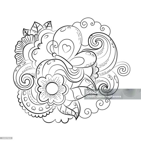 손으로 그린 재미 있는 마음 고양이 새 달콤한 구름 풍선 벡터 성인 색칠 그림 나비 성인을 위한 스케치 낙서 및 Zentangle 요소와도 서 페이지를 색칠 하는 스트레스