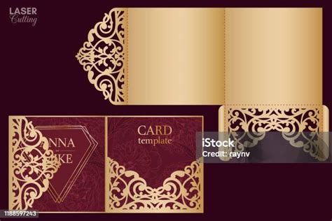 레이저 컷 웨딩 초대 벡터 템플릿입니다 트라이 폴드 포켓 봉투 럭셔리 웨딩 레이스 초대 모형입니다 레이저에 대한 스톡 벡터 아트 및 기타 이미지 Istock