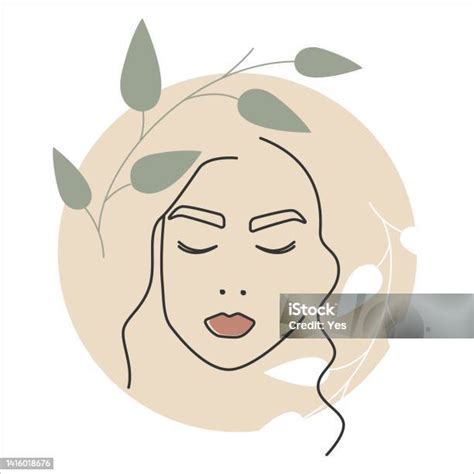 여성 초상화 라인 아트 개념 신선한 나뭇잎을 가진 잠자는 편안한 여자 예쁜 얼굴의 스티커 연속 라인 뷰티 살롱 스파 화장품에