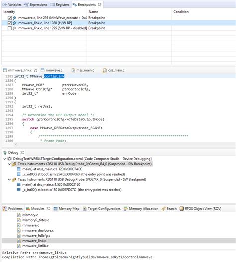 CCS IWR6843ISK Breakpoint Enabled But Not Visible Code Composer