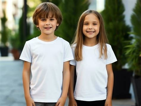 Cute Sibling Or Friend Boy And Girl Wearing Blank Empty White Tshirt