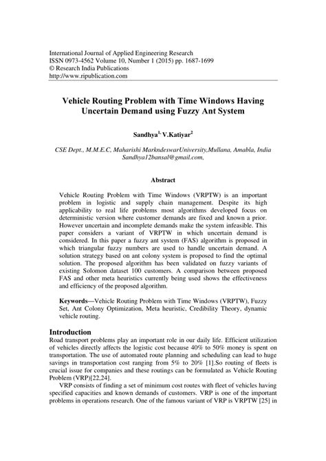 Pdf Vehicle Routing Problem With Time Windows Having Uncertain Demand Using Fuzzy Ant System
