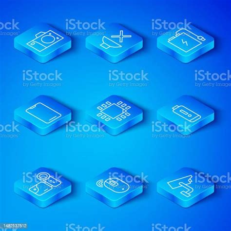 라인 시네마 카메라 미세 회로 Cpu가 있는 프로세서 무선 컴퓨터 마우스 배터리 충전 레벨 표시기 보조 배터리 케이블 스마트폰 휴대폰 사진 및 보안 아이콘을 설정합니다 벡터