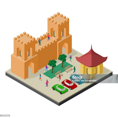 등각 투영 뷰의 도시 풍경 요새 벽 벤치 나무 주차 자동차 및 사람들 3차원 형태에 대한 스톡 벡터 아트 및 기타 이미지 3