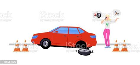 수리 상점이나 견인 트럭에 전화하여 깨진 자동차 흰색 배경에 고립 된 플랫 벡터 일러스트레이션을 돕는 여성 거리에 대한 스톡