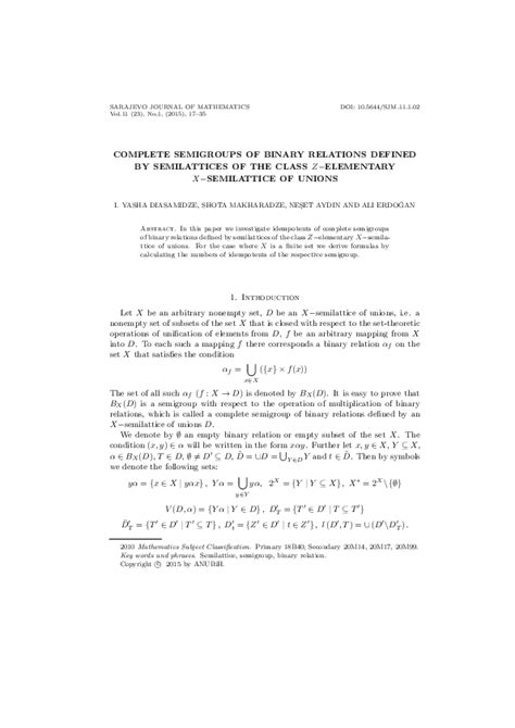 Pdf Complete Semigroups Of Binary Relations Defined By Semilattices