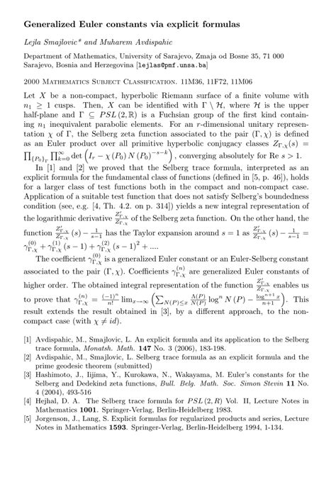 Pdf Generalized Euler Constants Via Explicit Formulas