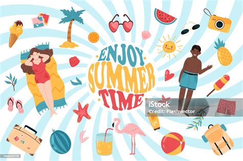 열대 낙원 요소가 있는 여름 해변 휴가 포스터 여름 시간 텍스트 즐기기 비브라폰에 대한 스톡 벡터 아트 및 기타 이미지