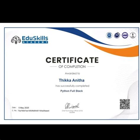 achieved my python full stack certification from eduskills academy anitha thikka