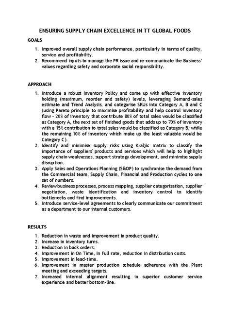 Strategy For Supply Chain Excellence In Tt Global Foods Ensuring Supply Chain Excellence In Tt