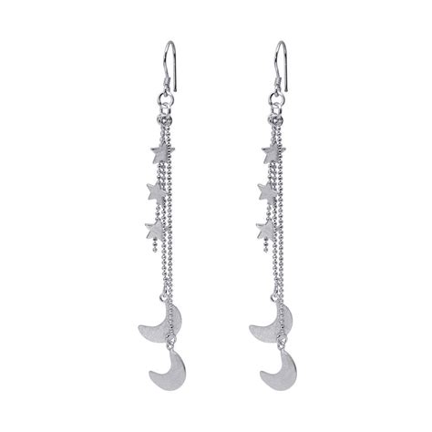 Silver 925 Rhodium Plated Wire Dangling Star And Crescent Moon Hook