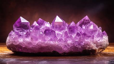 Stunning Amethyst Geode Cluster On Wooden Surface Stock Illustration