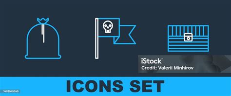 세트 라인 골동품 보물 상자 해적 자루 해골 아이콘이 있는 깃발 벡터 가득 찬에 대한 스톡 벡터 아트 및 기타 이미지 가득