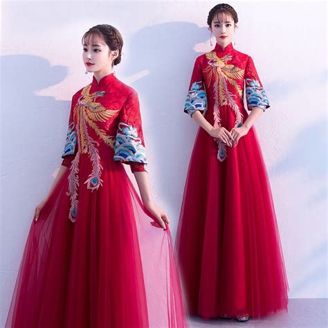 【唐装・漢服・秀禾服】刺繍中華服 チャイナ服 ワンピース ドレス 結婚式 演出服 撮影服 刺繍入り 舞台 イベント ワインレッド 花刺繍 鳳凰