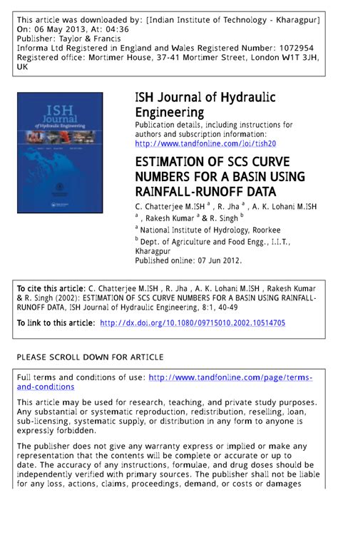 PDF Estimation Of SCS Curve Numbers For A Basin Using Rainfall Runoff Data