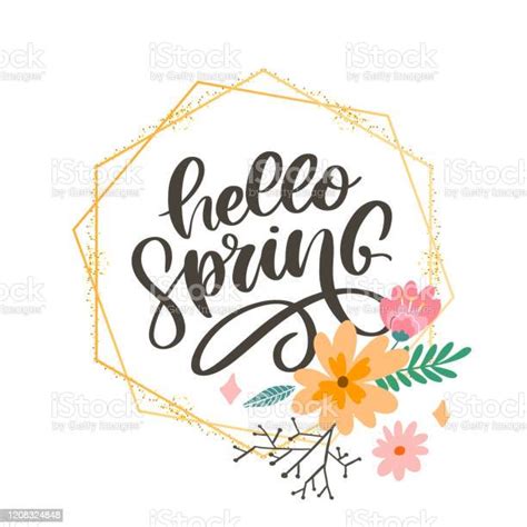 안녕하세요 봄 손으로 그린 영감 따옴표 벡터 타이포그래피 디자인 요소입니다 봄 글자 포스터입니다 티셔츠 프린트 카드 배너에 적합합니다 계절에 대한 스톡 벡터 아트 및 기타