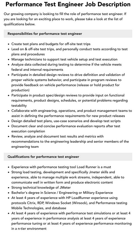 Performance Test Engineer Job Description Velvet Jobs