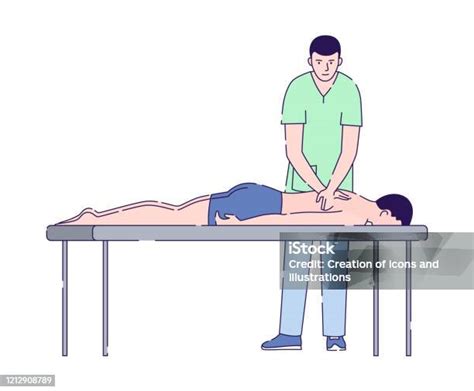 남성 의사는 남성 환자 플랫 벡터 그림을 마사지합니다 물리 치료 침술 재활 개념 건강 치료 흰색 배경에 고립 된 만화 캐릭터 개념에 대한 스톡 벡터 아트 및 기타 이미지