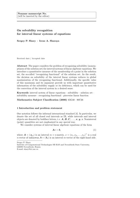 Pdf On Solvability Recognition For Interval Linear Systems Of Equations
