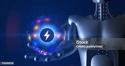 3d 전기 기호를 들고 미래 지향적 인 휴머노이드 로봇 기술 관련 3d 렌더링 로봇에 대한 스톡 사진 및 기타 이미지 로봇 배터리 전원 충전 Istock