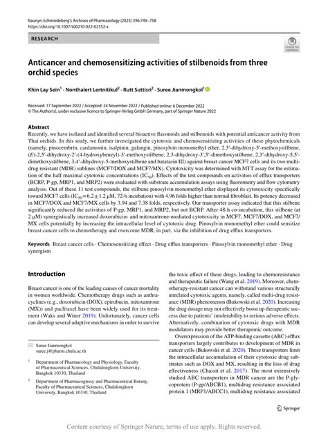Anticancer And Chemosensitizing Activities Of Stilbenoids From Three