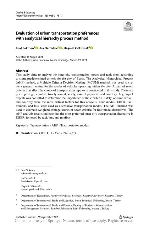 Evaluation Of Urban Transportation Preferences With Analytical