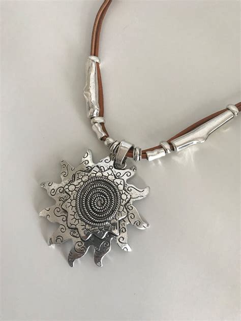 Woman Leather Beaded Necklace Sun Pendant Boho Hippie T Etsy