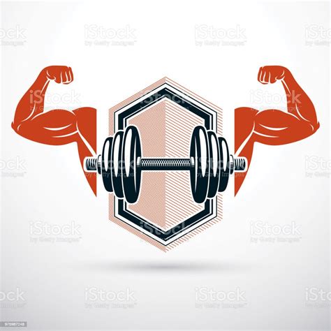 강한 남자 팔 뚝 팔과 아령의 벡터 그림 역도 체육관 기호 스포츠 클럽입니다 Championship에 대한 스톡 벡터 아트 및 기타 이미지 Championship 강철