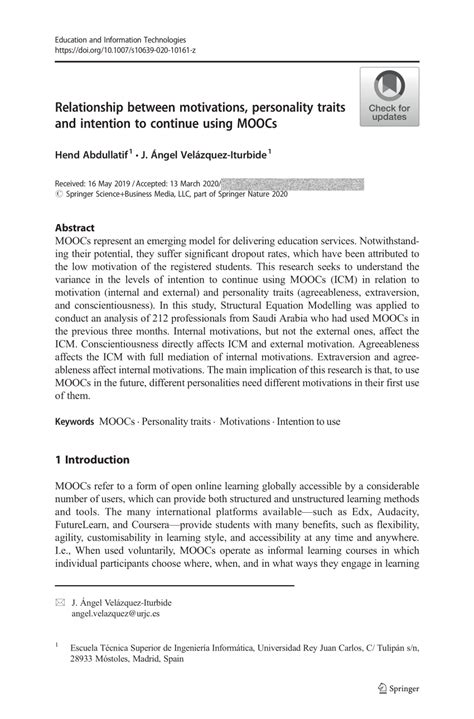 Pdf Relationship Between Motivations Personality Traits And Intention To Continue Using Moocs