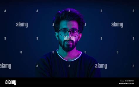 Male Portrait Neon Background Shocked Amazed Astonish Wonder Indian Man Coder Hacker Computer