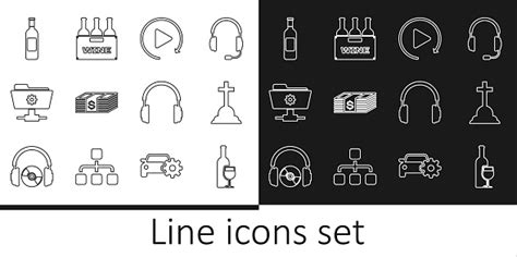 세트 라인 유리 묘비 십자가 비디오 재생 버튼 지폐 달러 현금 Ftp 설정 폴더 와인 한 병 헤드폰 및 병 상자 아이콘과 와인