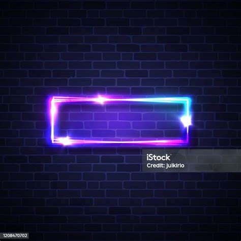 현실적인 주도 네온 조명 프레임 빛나는 사각형 간판입니다 어두운 벽돌 배경 벽에 전기 밝은 3d 거리 기호 배너입니다 네온 빛 추상 사각형 램프 빈티지 벡터
