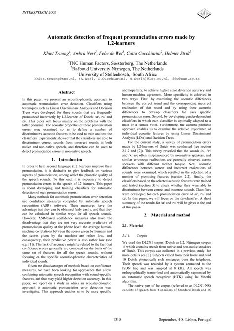 Pdf Automatic Detection Of Frequent Pronunciation Errors Made By L2 Learners