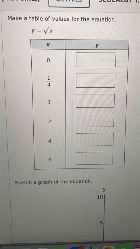 solved make a table of values for the equation y sqrt x sketch a