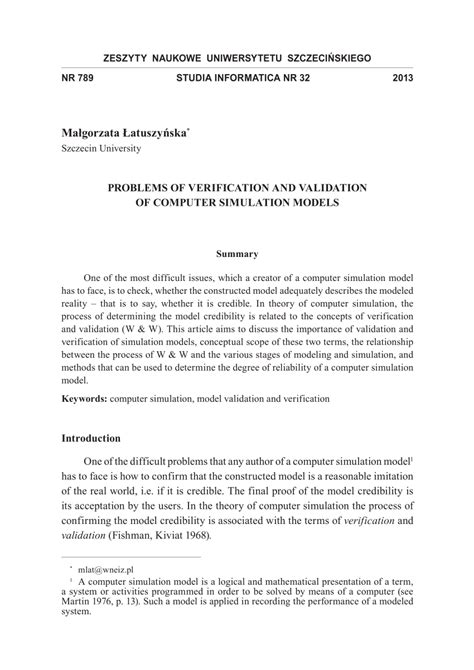pdf problems of verification and validation of computer simulation models